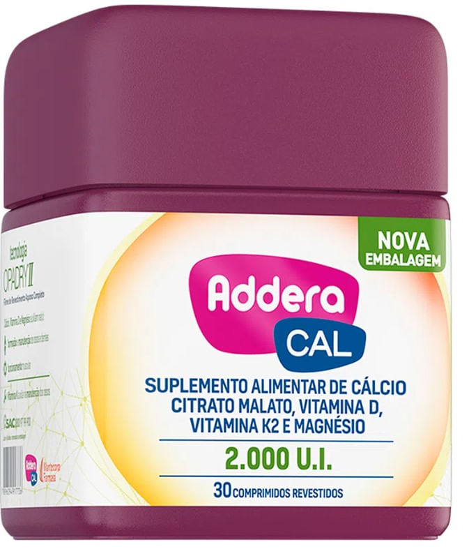 Addera Cal 2000 UI – Suplemento de Cálcio, Vitamina D3, K2 e Magnésio ...