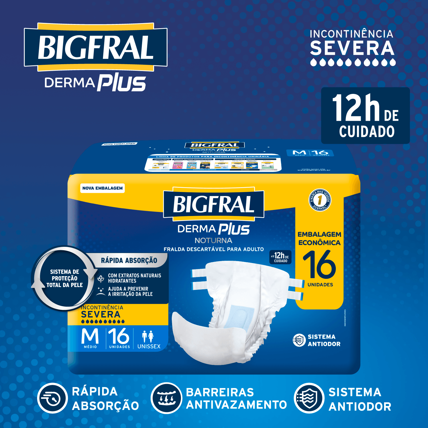 Fralda Bigfral Derma Plus Noturna M 16 Unidades - Alta Absorção - FARMALIFE