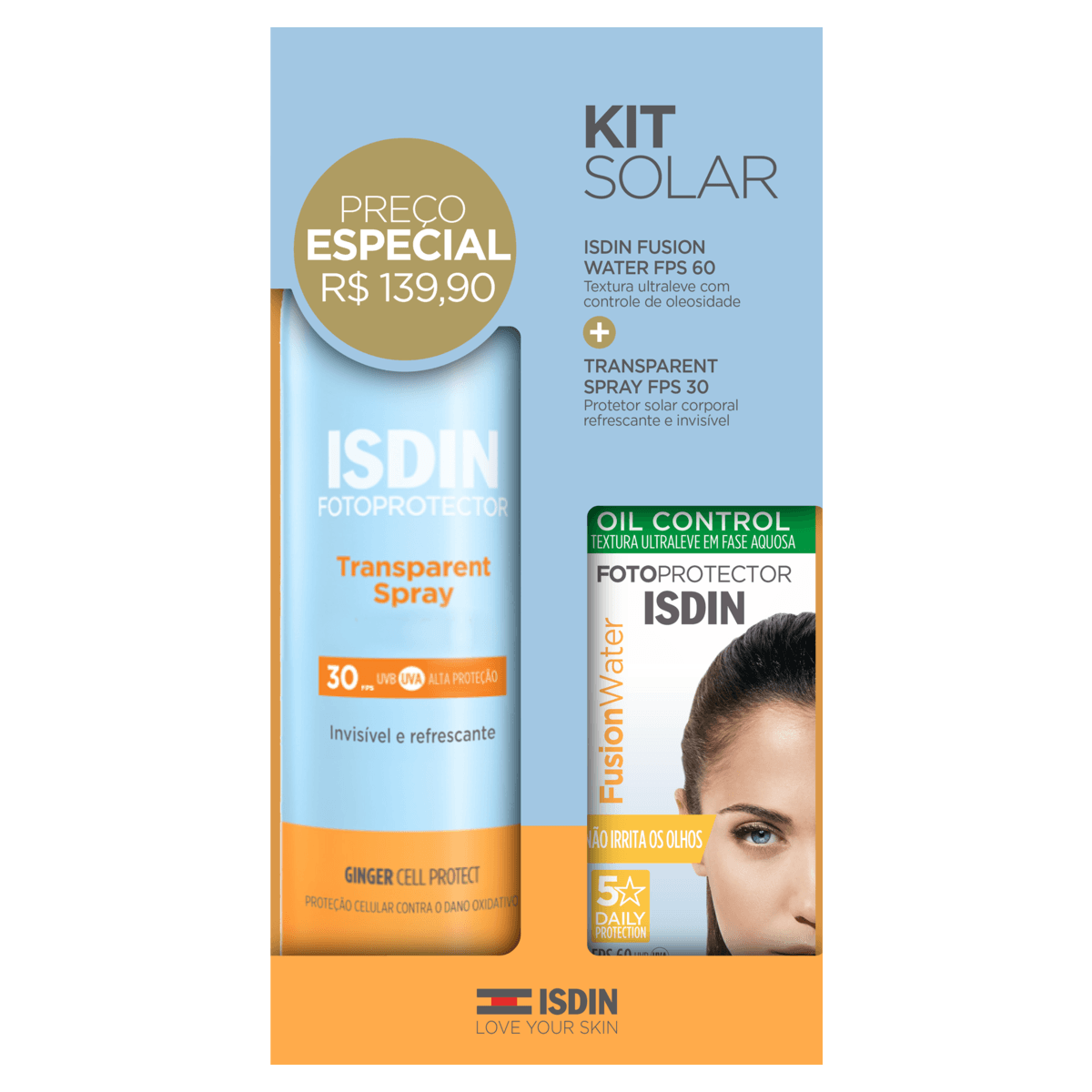 Isdin Kit Protetor Solar Facial Fusion Water FPS 60 + Aerossol FPS 30 - Drogarias Tamoio