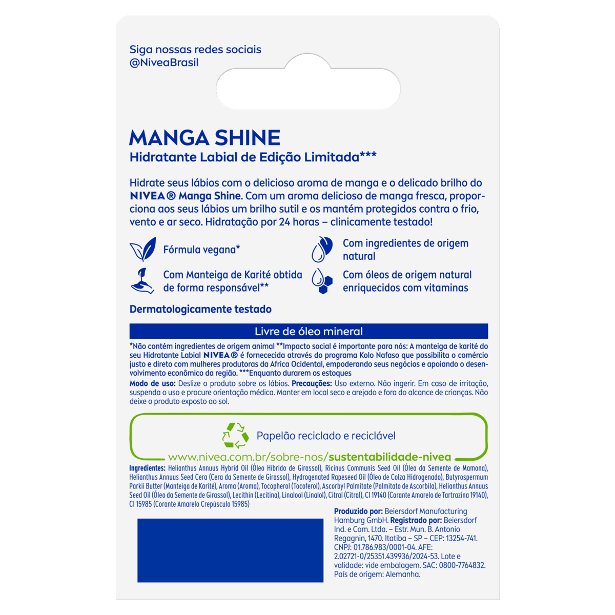 Nivea Hidratante Labial Manga Shine Vegano 4,8g Brilho Natural ...